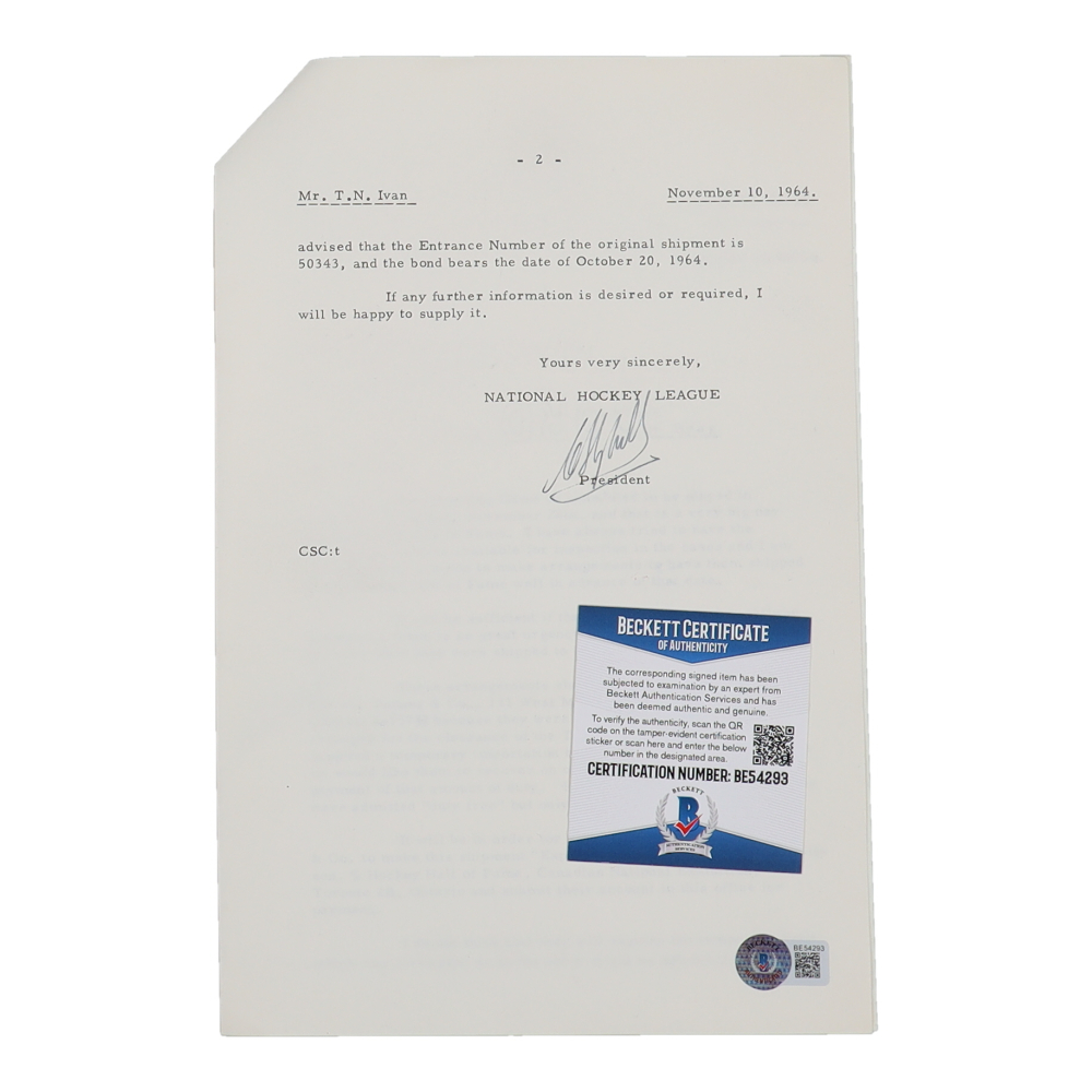 Clarence Campbell Signed 1964 NHL Letter (Beckett) | Pristine Auction