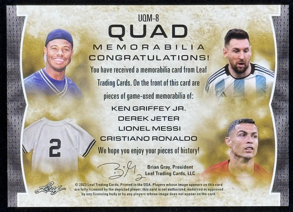 Lionel Messi / Cristiano Ronaldo / Derek Jeter / Ken Griffey Jr 2023 Leaf Ultimate Quad ...