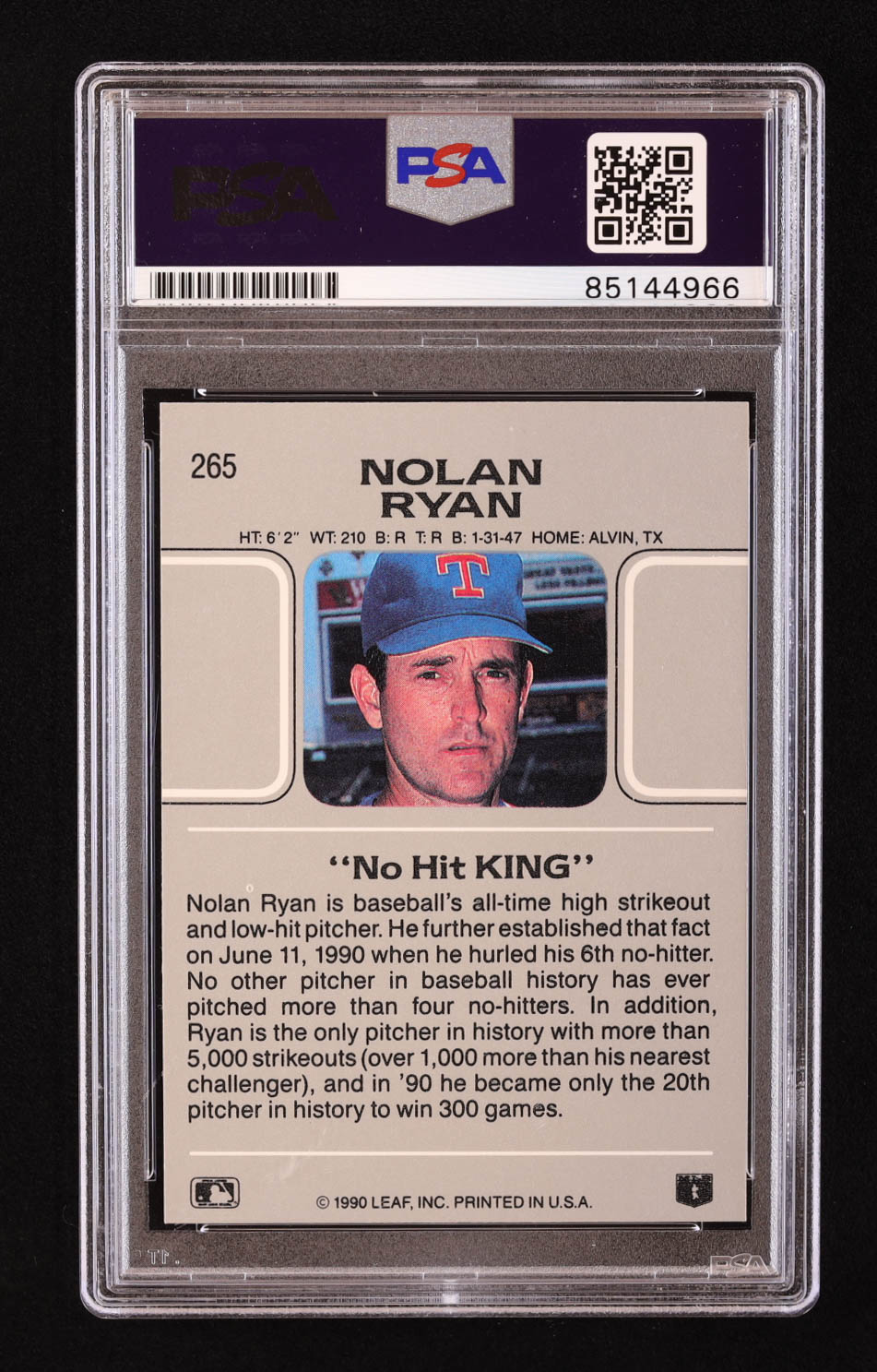 Nolan Ryan Signed 1990 Leaf #265 SPEC (PSA | Autograph Grade 10 ...
