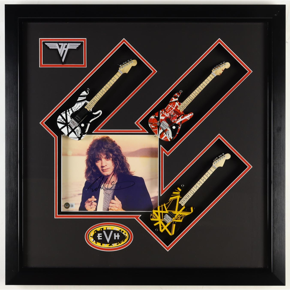 Eddie Van Halen Signed Custom Framed Photo Display With (3) Mini Guitars & (2) Cloth Band ...