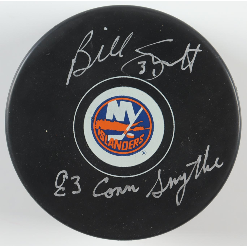 Billy Smith Signed Islanders Logo Hockey Puck Inscribed "83 Conn Sythe ...