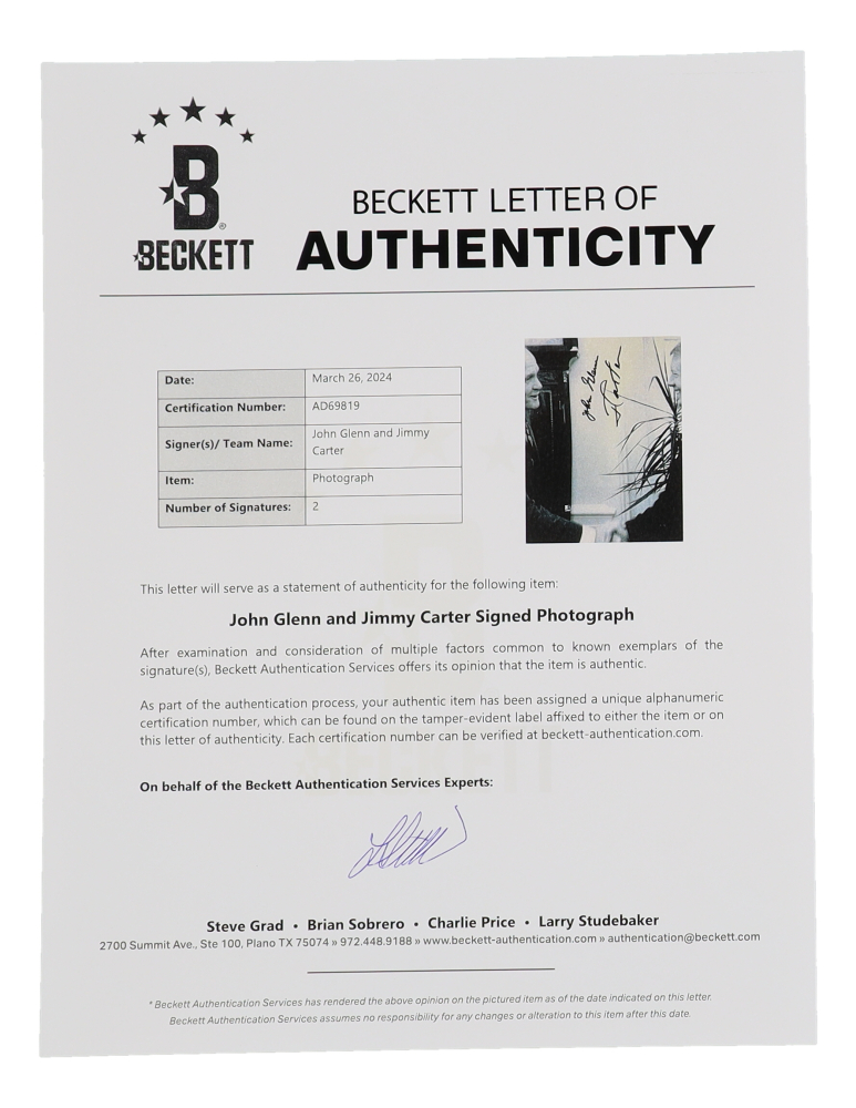 John Glenn & Jimmy Carter Signed 8x10 Photo (Beckett) | Pristine Auction