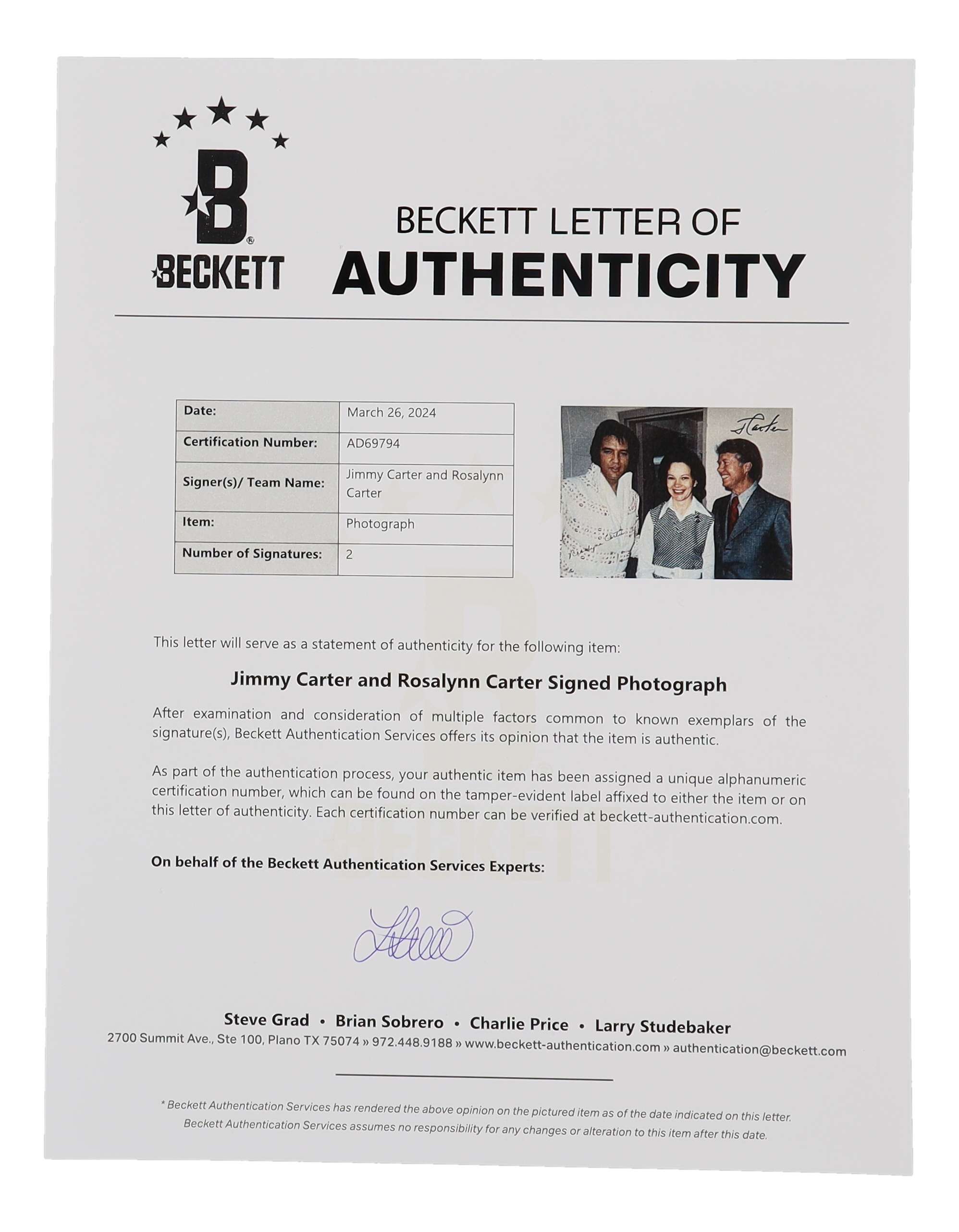 Jimmy Carter & Rosalynn Carter Signed 8x10 Photo with Elvis (Beckett ...