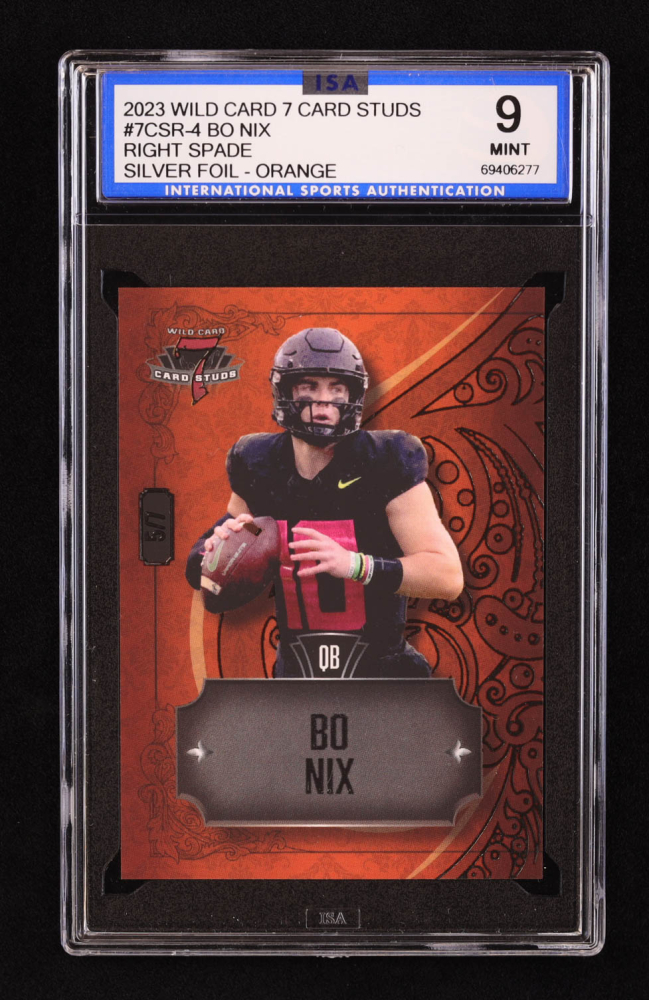 Bo Nix 2023 Wild Card 7 Card Studs Right Spade Silver Foil Orange ...
