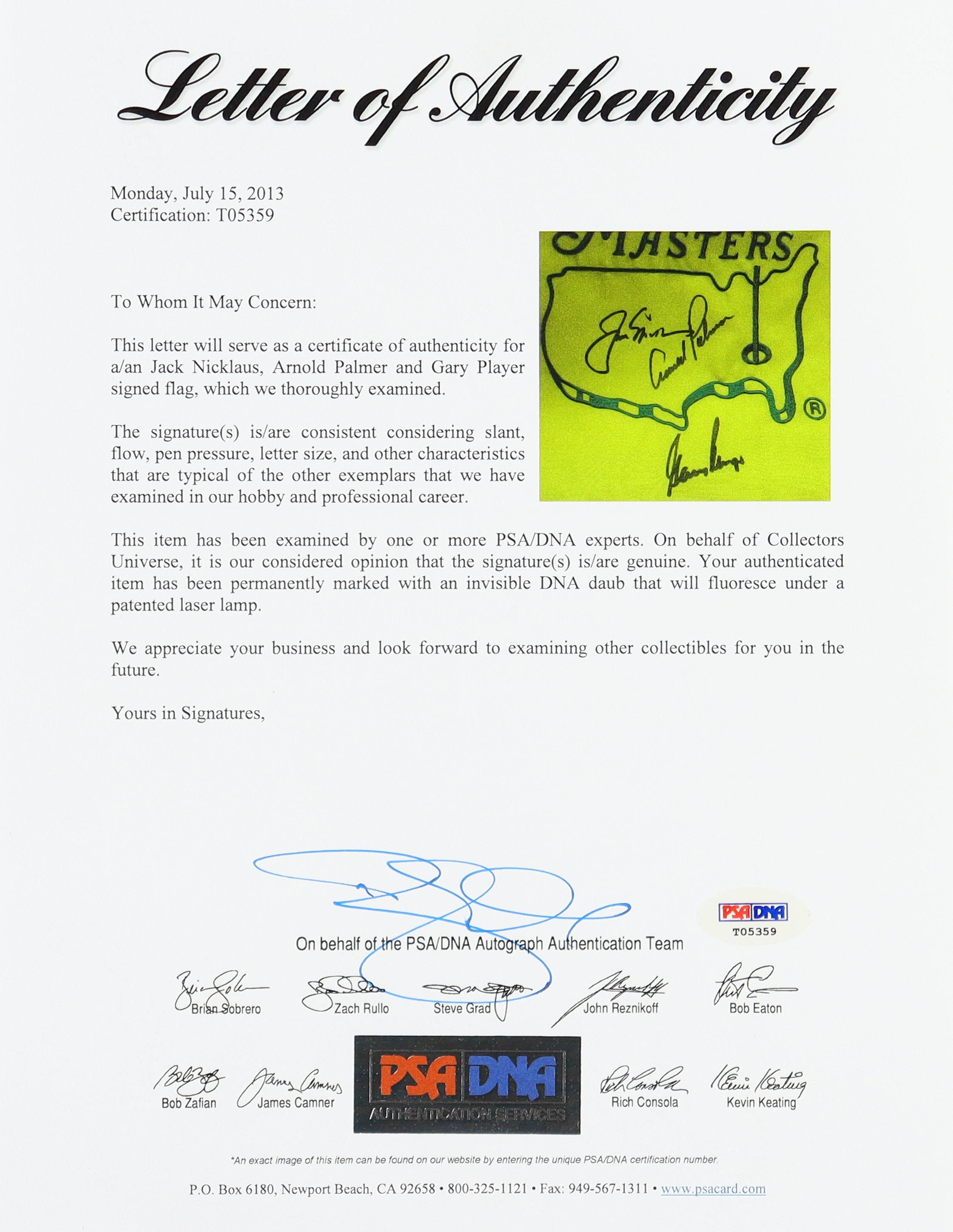 "The Big Three" 2011 Masters Flag Signed By Arnold Palmer, Jack ...