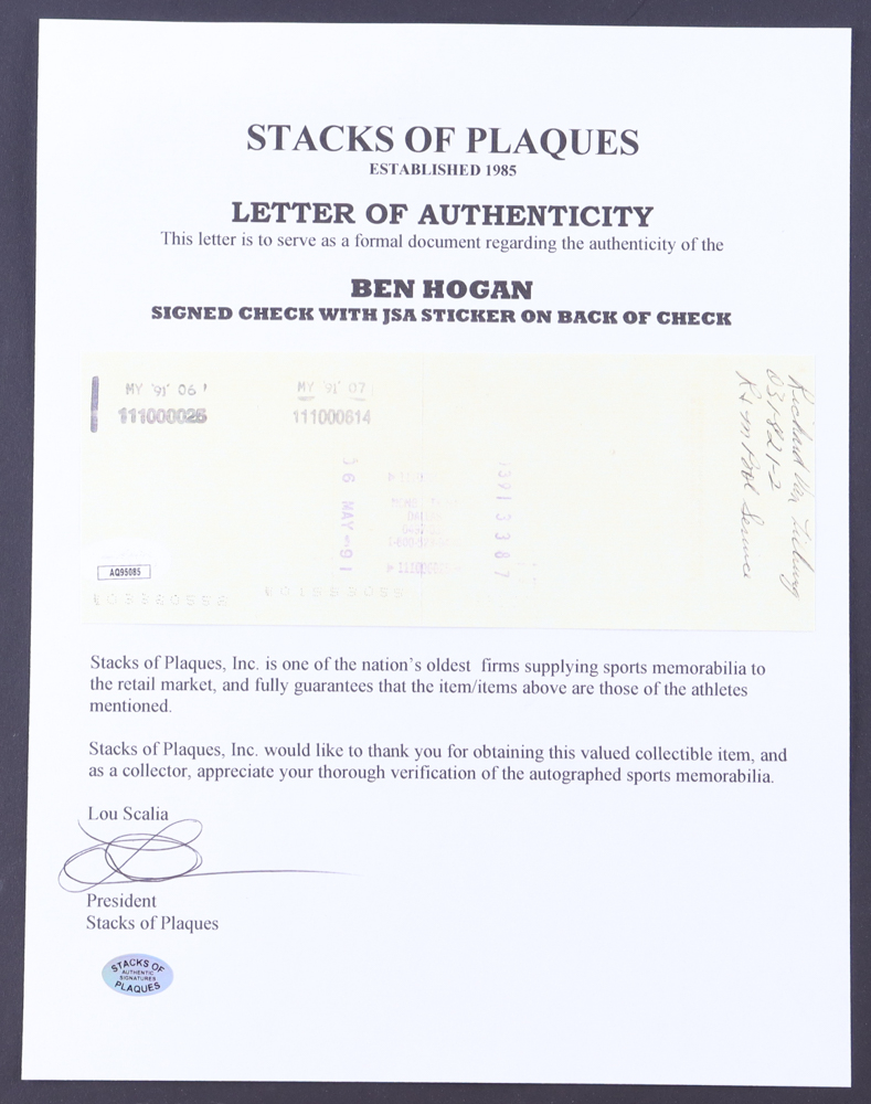 Ben Hogan Signed 16x20 Matted Check Display (JSA & Stacks of Plaques ...
