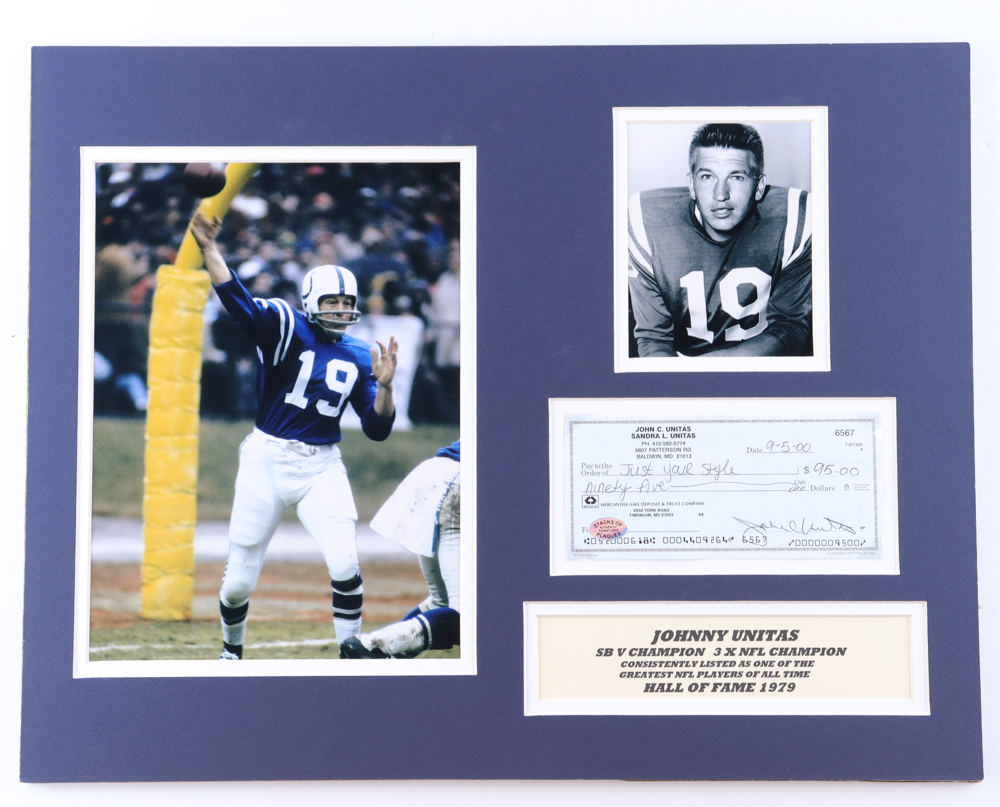 Johnny Unitas Signed Colts 16x20 Matted Check Display (Stacks of ...
