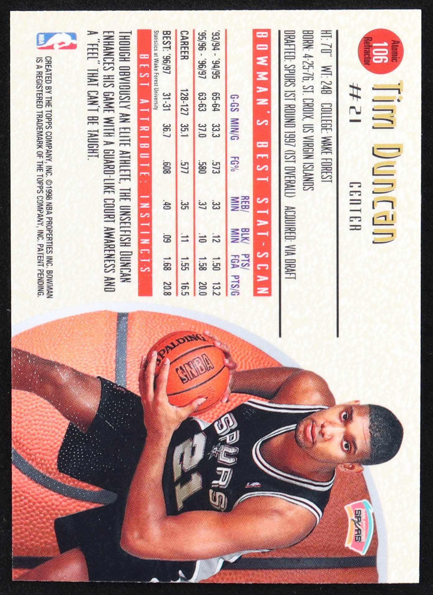 Tim Duncan 1997-98 Bowman's Best Atomic Refractors #106 RC | Pristine ...
