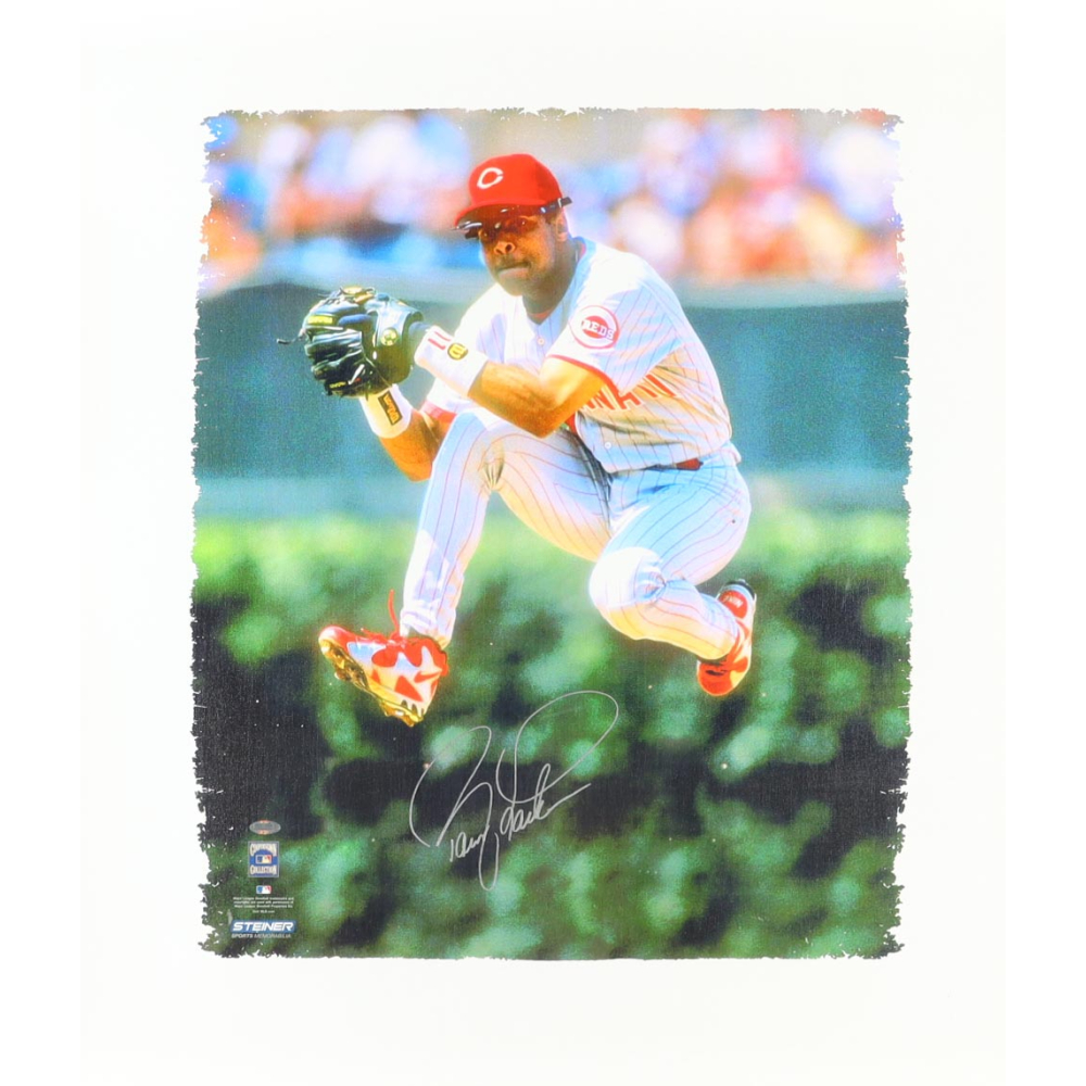 Barry Larkin Signed Reds 26.5x30 Photo On Canvas (Steiner) | Pristine ...