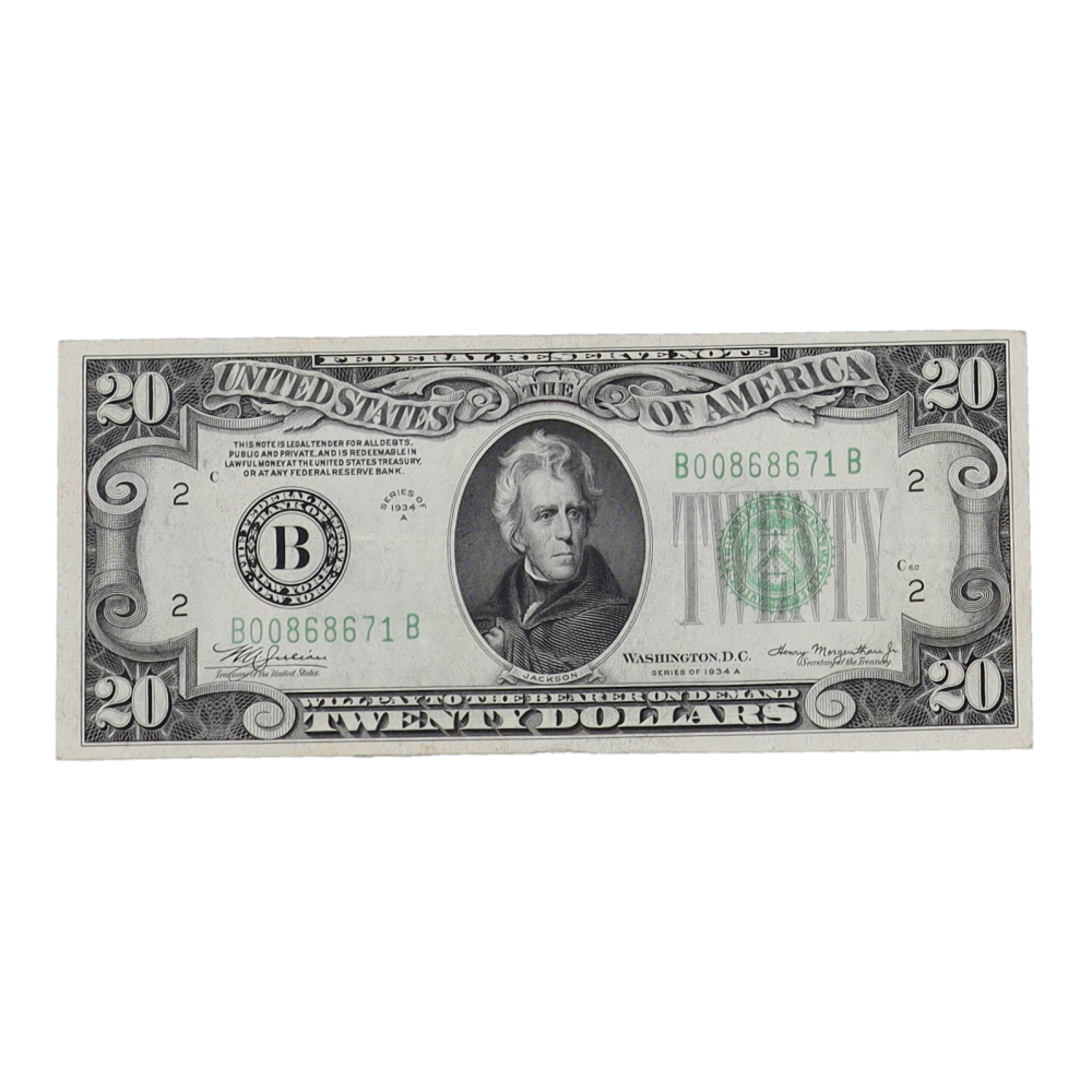 1934-A U.S. Legal Tender $20 Twenty Dollars Federal Reserve Note ...