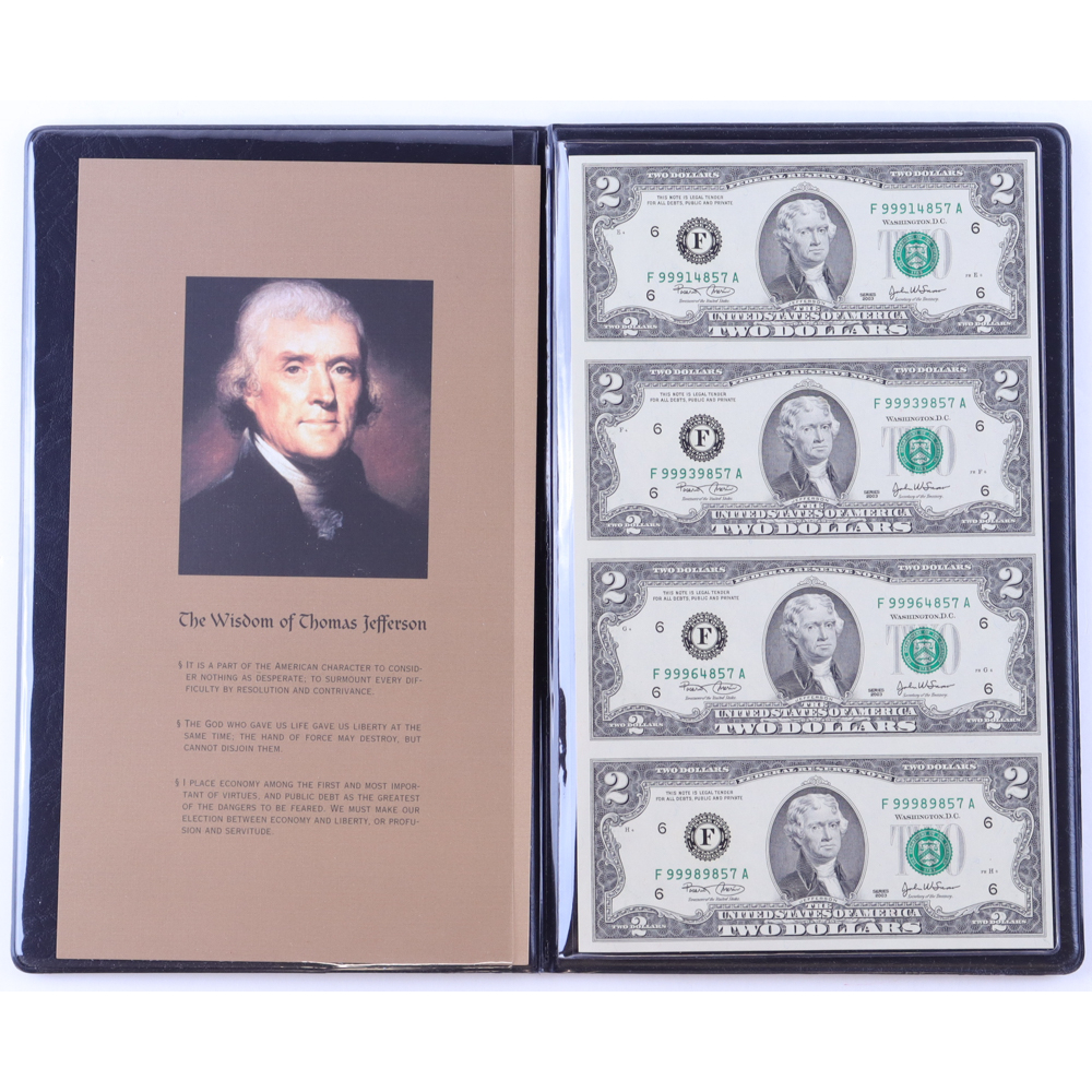 Uncut Sheet of (4) 2003 $1 Dollar U.S. Federal Reserve Notes with ...