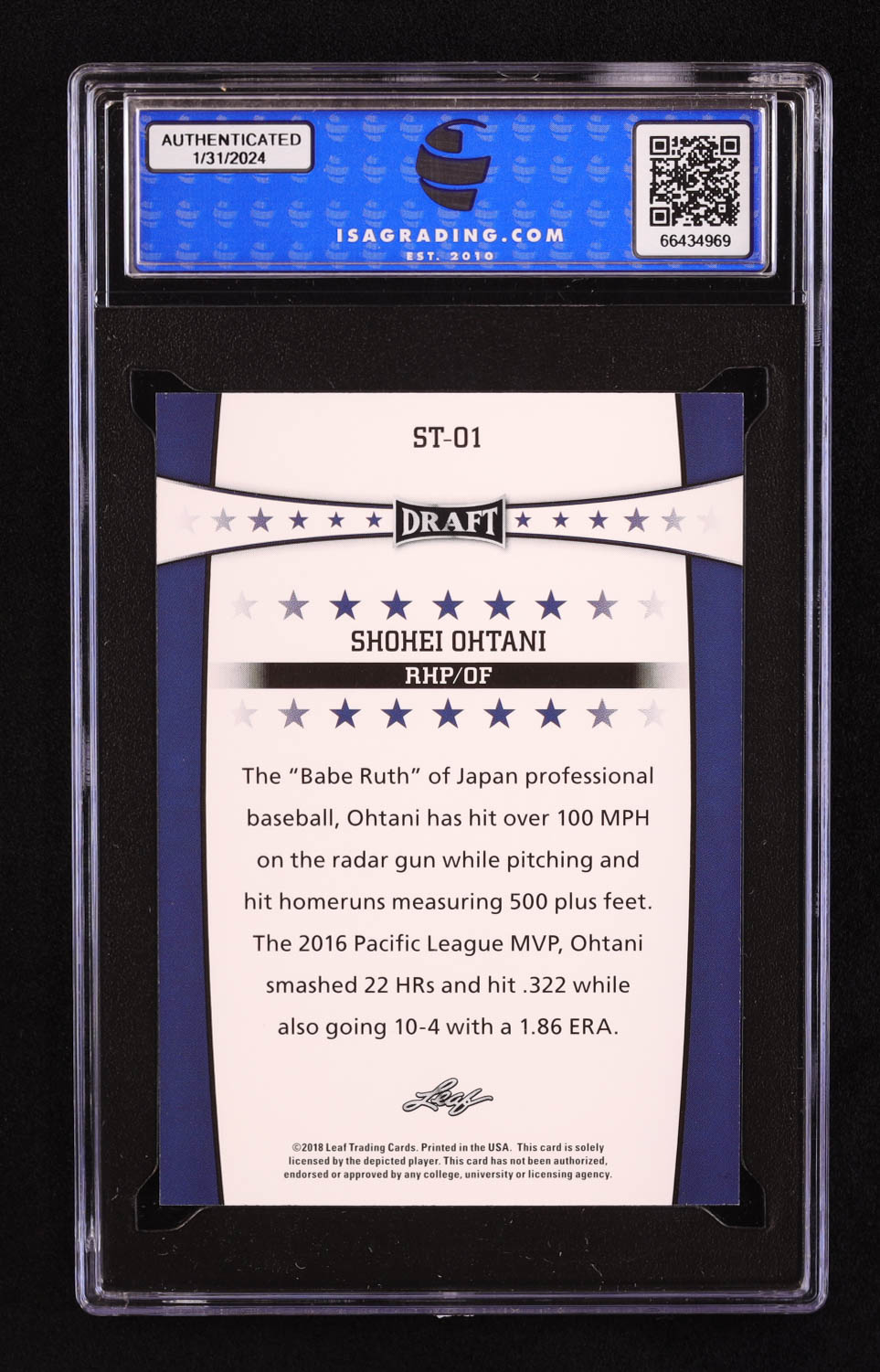 Shohei Ohtani 2018 Leaf Ohtani Draft Stars #ST01 RC (ISA 10) | Pristine Auction