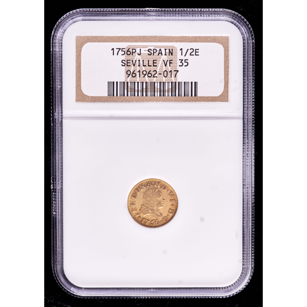 1756-PJ Spain Gold 1/2 Escudo Colonial Gold Coin, Seville Mint (VF35 ...