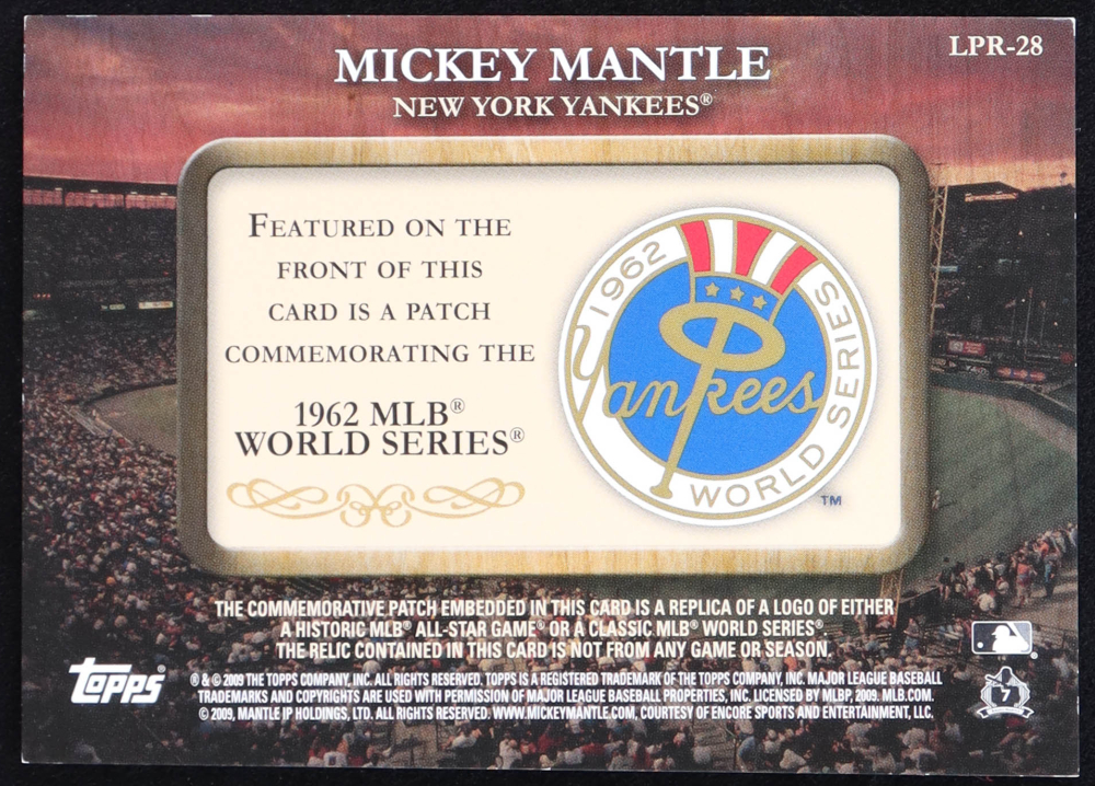 Mickey Mantle 2009 Topps Legends Commemorative Patch #LPR28 / 1962 ...