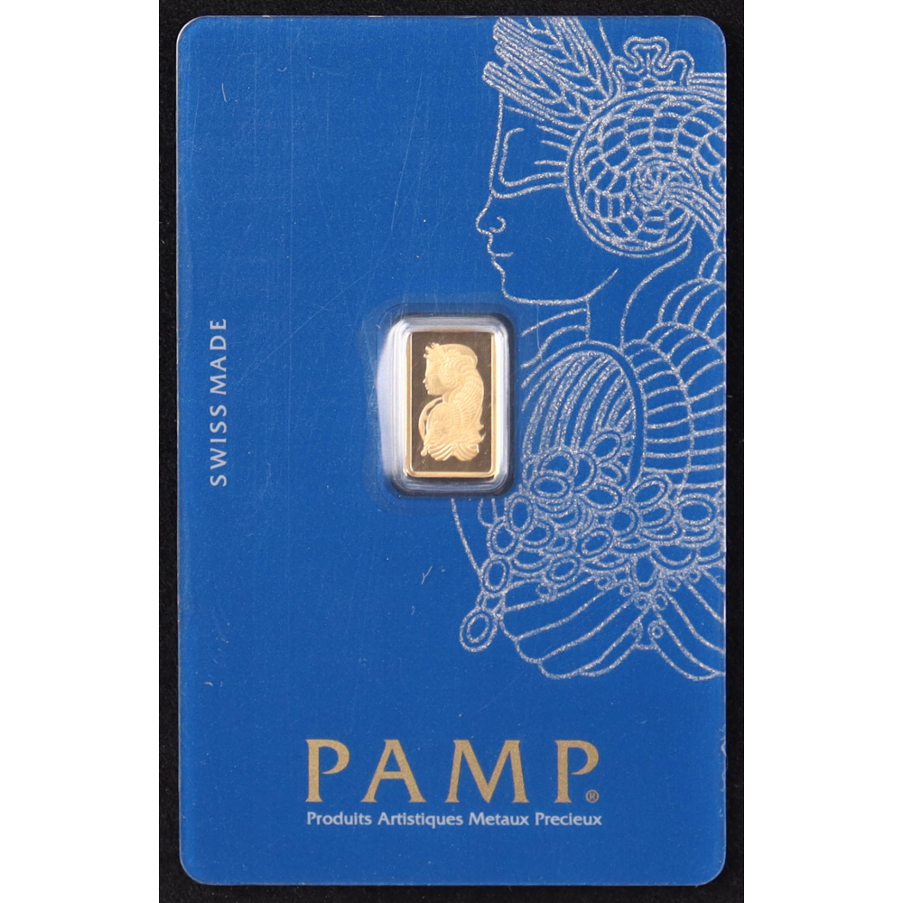 PAMP Suisse 1g 999.9 Fine Gold Lady Fortuna Bar in Assay | Pristine Auction