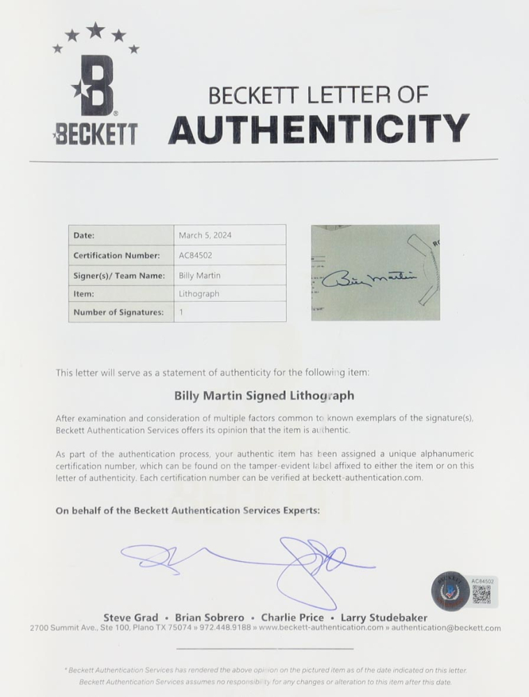 Billy Martin Signed Yankees 18x24 Lithograph (Beckett) | Pristine Auction