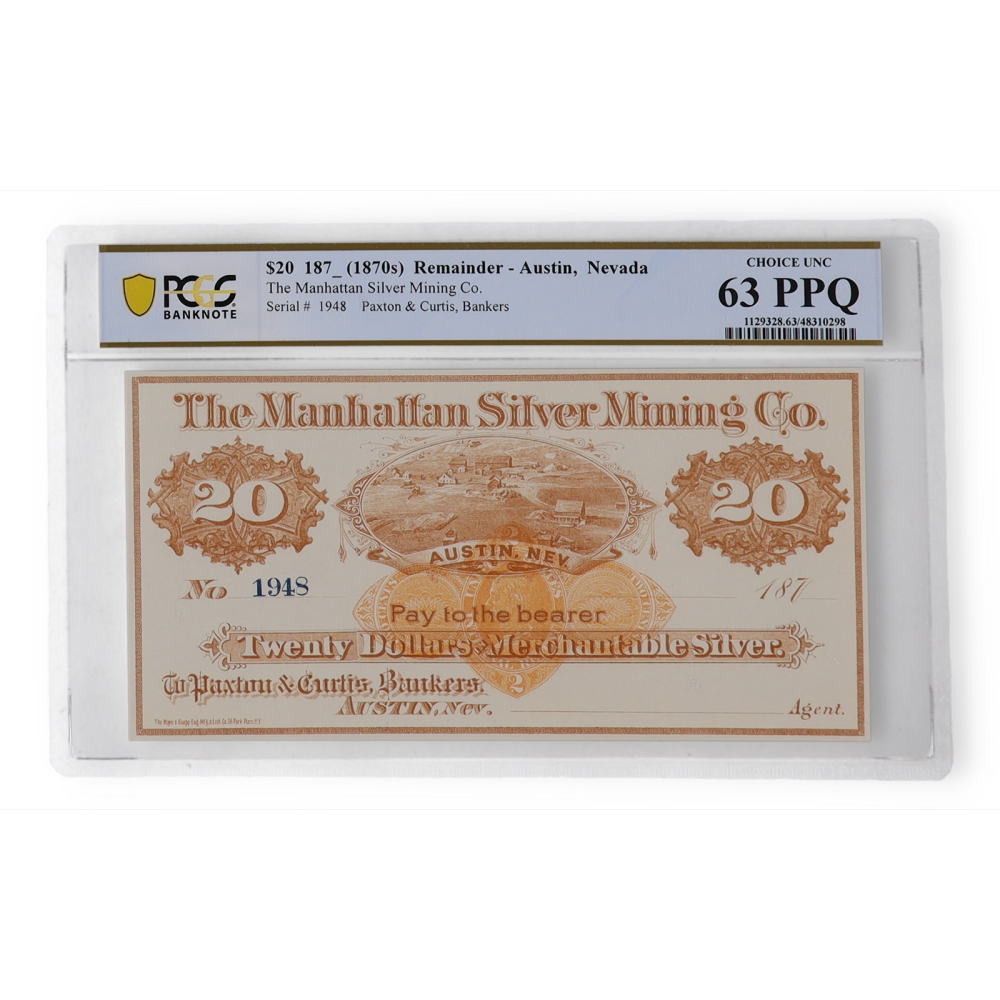 1870s $20 The Manhattan Silver Mining Co. Company Scrip (PCGS CU63 PPQ ...