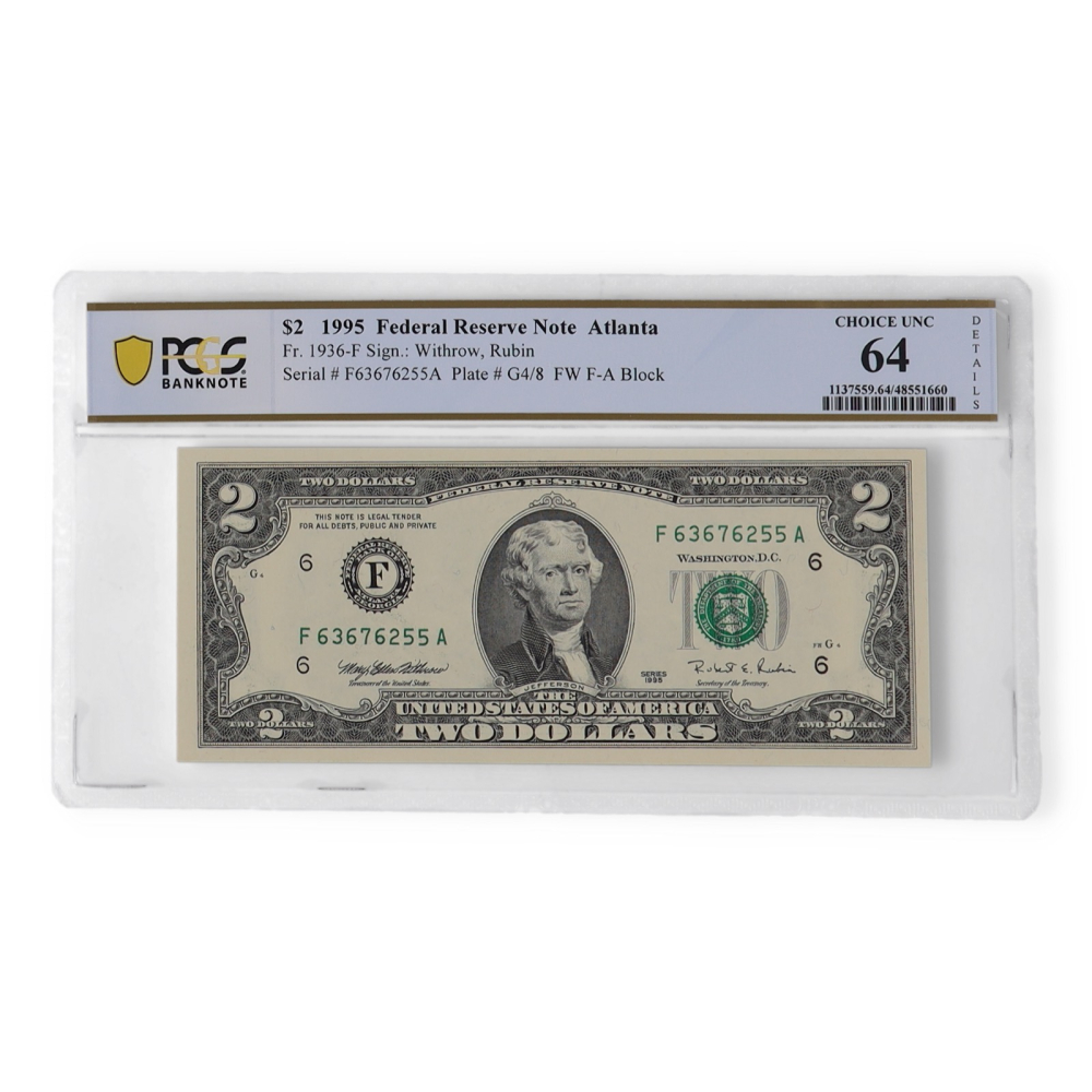 1995 U.S. $2 Federal Reserve Note, Atlanta - Colorized Reverse (PCGS ...