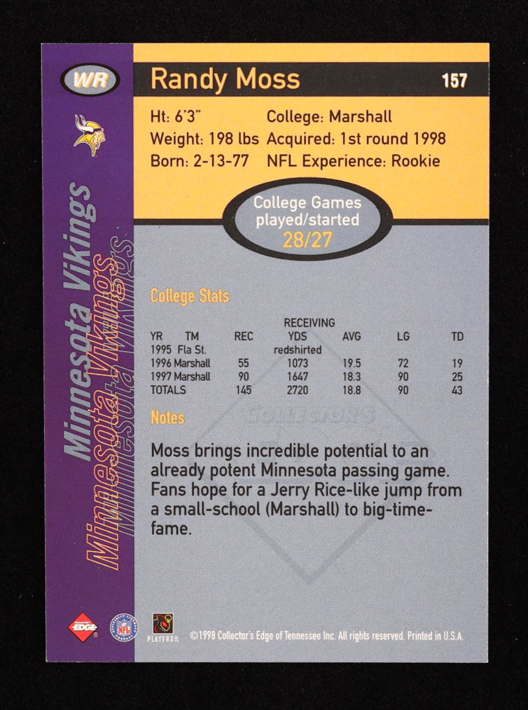 Randy Moss 1998 Collector's Edge First Place Record Setters #157B RC ...