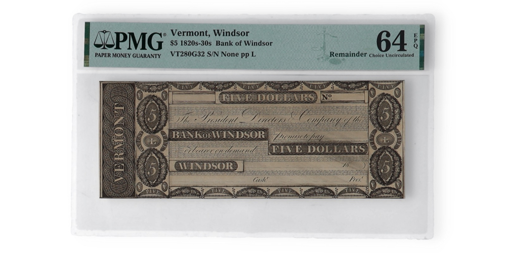 1820s-30s $5 Note - Bank of Windsor, Vermont (PMG CU64 EPQ) | Pristine ...