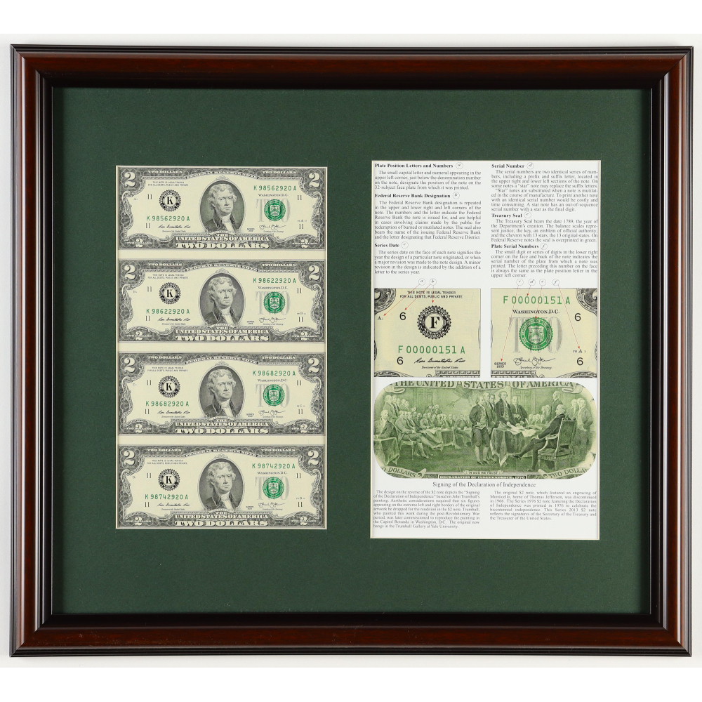 2013 U.S. $2 Dollar Bill Custom Framed Uncut Sheet Of (4) Bills ...