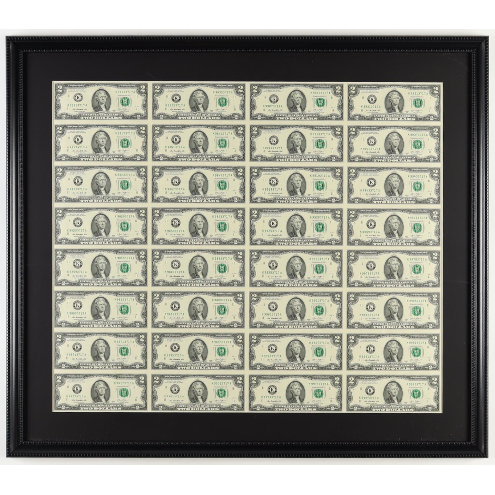 2013 U.S. $2 Dollar Bill Custom Framed Uncut Sheet Of (28) Bills ...