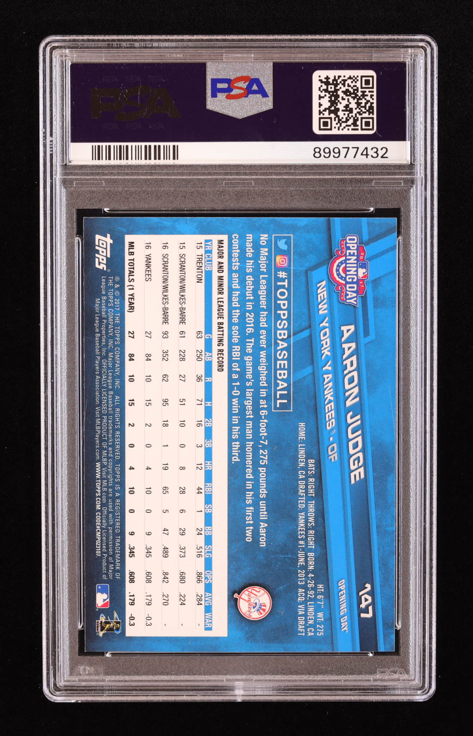 Aaron Judge 2017 Topps Opening Day #147A RC (PSA 9) | Pristine Auction