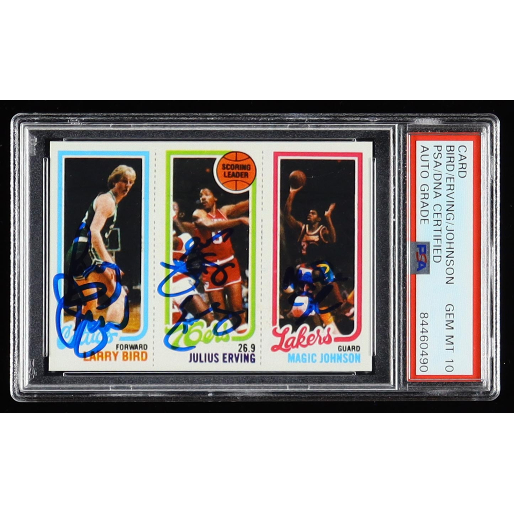 Larry Bird, Julius Erving & Magic Johnson Signed 1980-81 Topps #6 Rookie Card Reprint (PSA ...