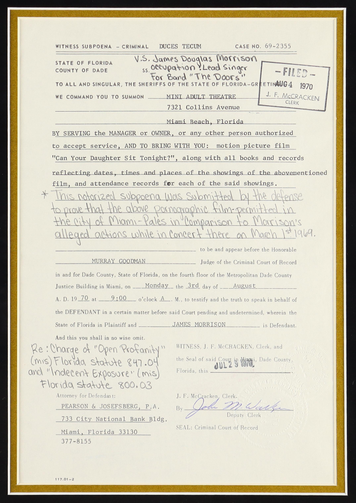 Jim Morrison Custom Framed Original 1970 Public Court Ordered Subpoena ...