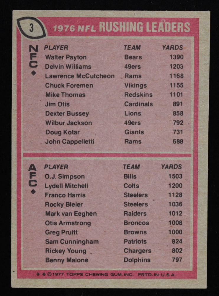 Walter Payton / O.J. Simpson 1977 Topps #3 / Rushing Leaders | Pristine ...