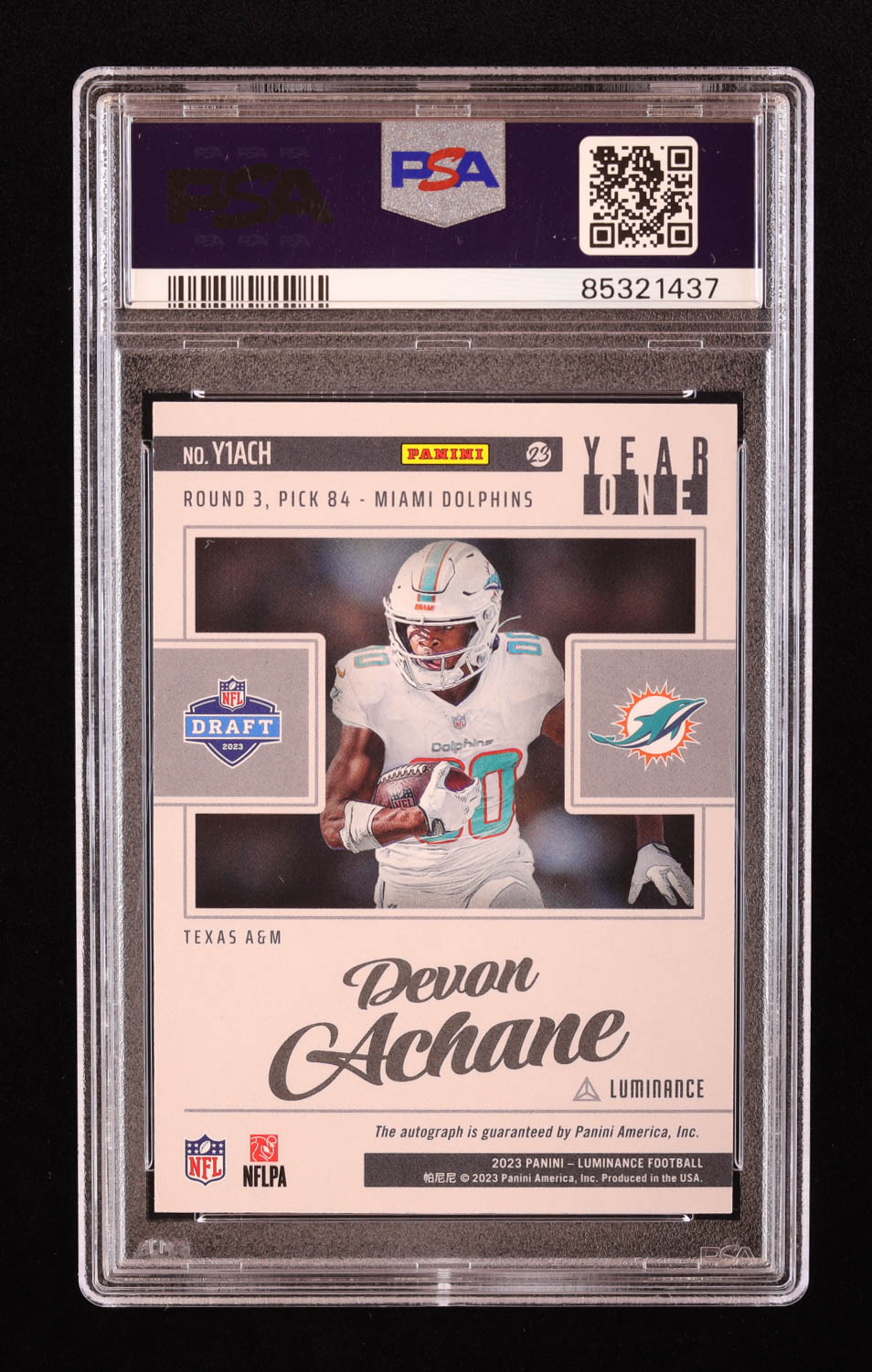 De'Von Achane 2023 Panini Luminance Year One Signatures RPS #14 RC (PSA ...