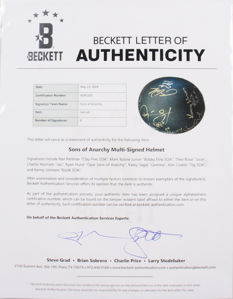 "Sons of Anarchy" Biker Helmet Signed By (8) With Charlie Hunnam, Ryan ...