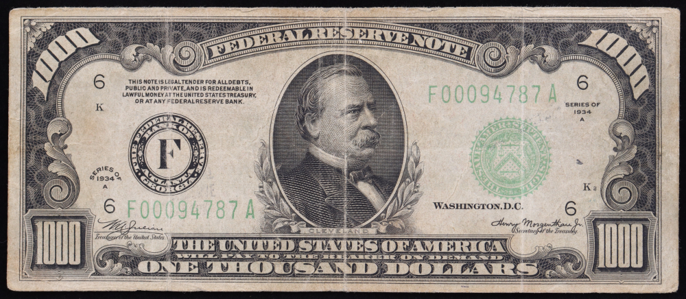 1934 $1,000 One Thousand Dollars Federal Reserve Note | Pristine Auction