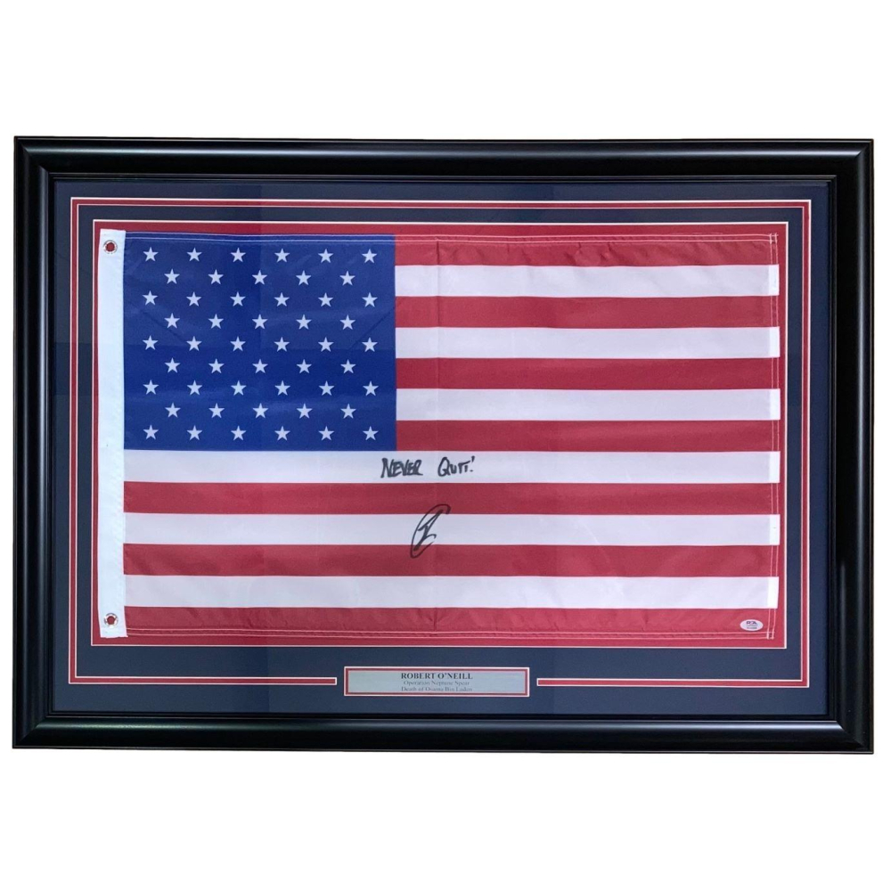Robert O'Neill Signed Custom Framed American Flag Inscribed "Never Quit" (PSA) | Pristine Auction