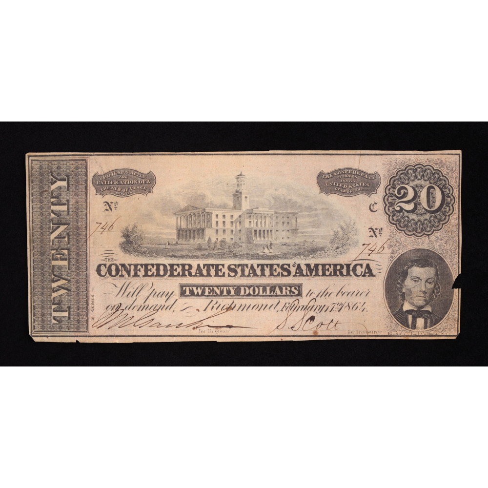 1864 Confederate States of America $20 Twenty Dollar Banknote ...