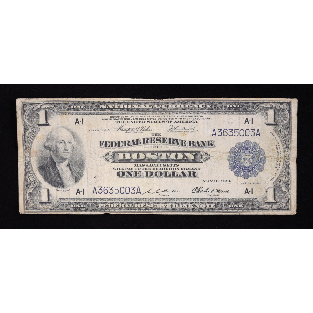 1914 United States Federal Reserve Bank of Boston $1 One Dollar ...