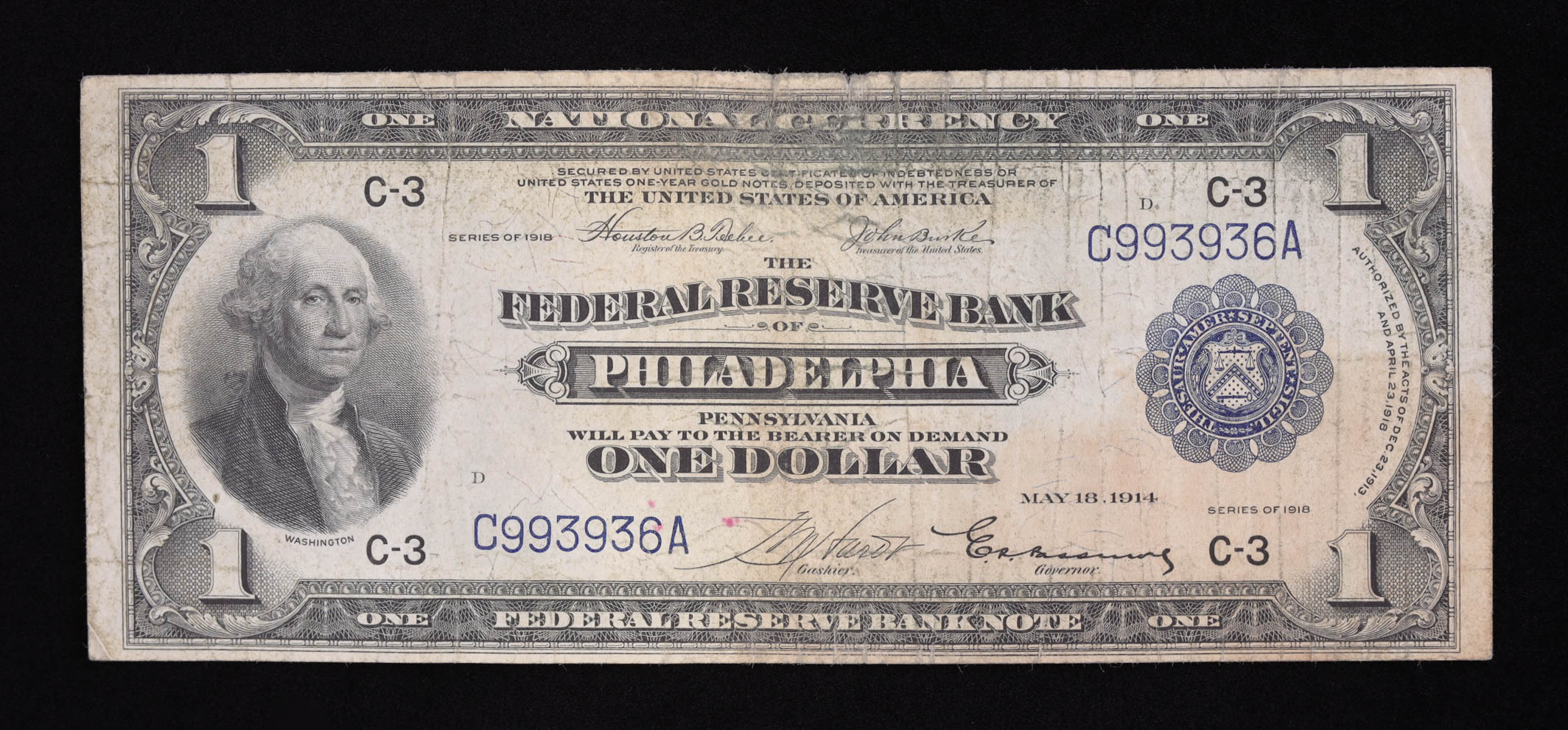 1914 United States Federal Reserve Bank of Philadelphia $1 One Dollar ...