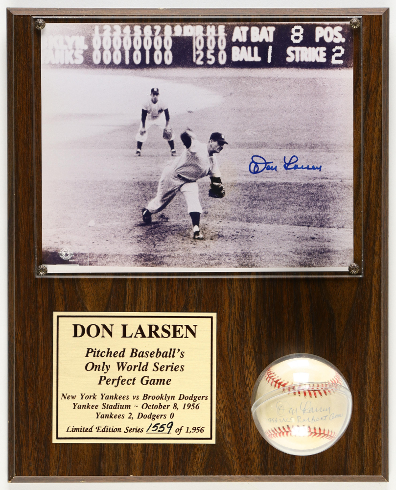 Don Larsen Signed LE Yankees OAL Baseball with Wooden Plaque Display ...