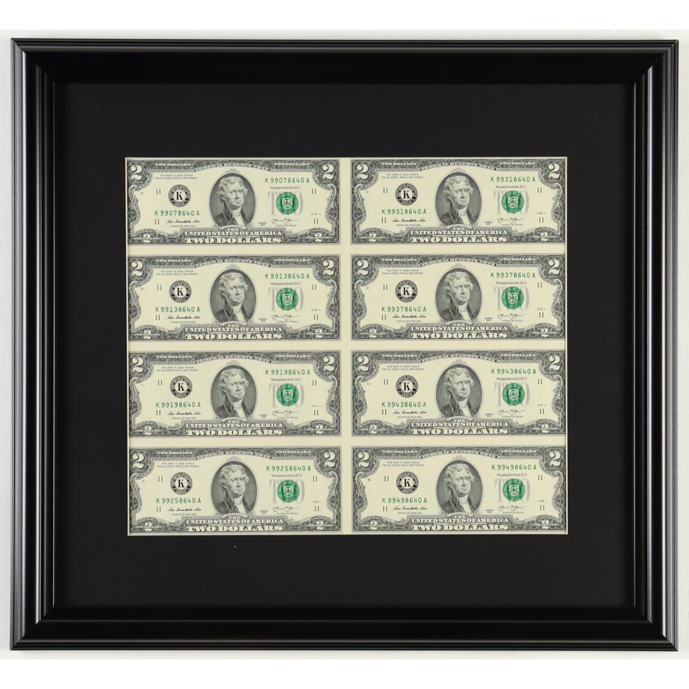 2013 U.S. $2 Dollar Bill Custom Framed Uncut Sheet Of (8) Bills | Pristine Auction