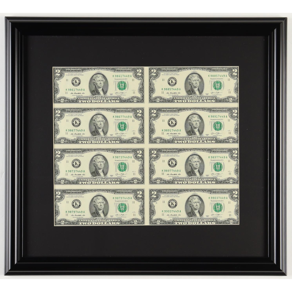 2013 U.S. $2 Dollar Bill Custom Framed Uncut Sheet Of (8) Bills ...