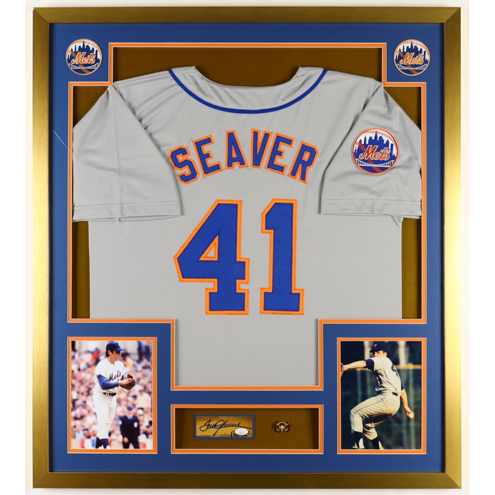 Tom Seaver Signed Custom Framed Cut Display with Jersey, (2) Team Cloth ...