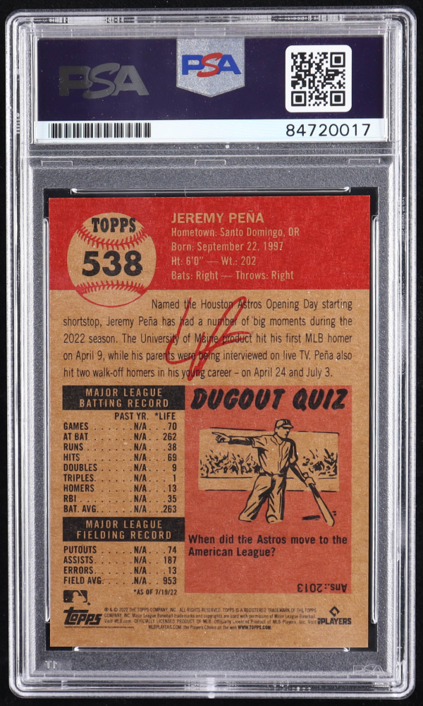 Jeremy Pena Signed 2022 Topps Living #538 RC (PSA) | Pristine Auction