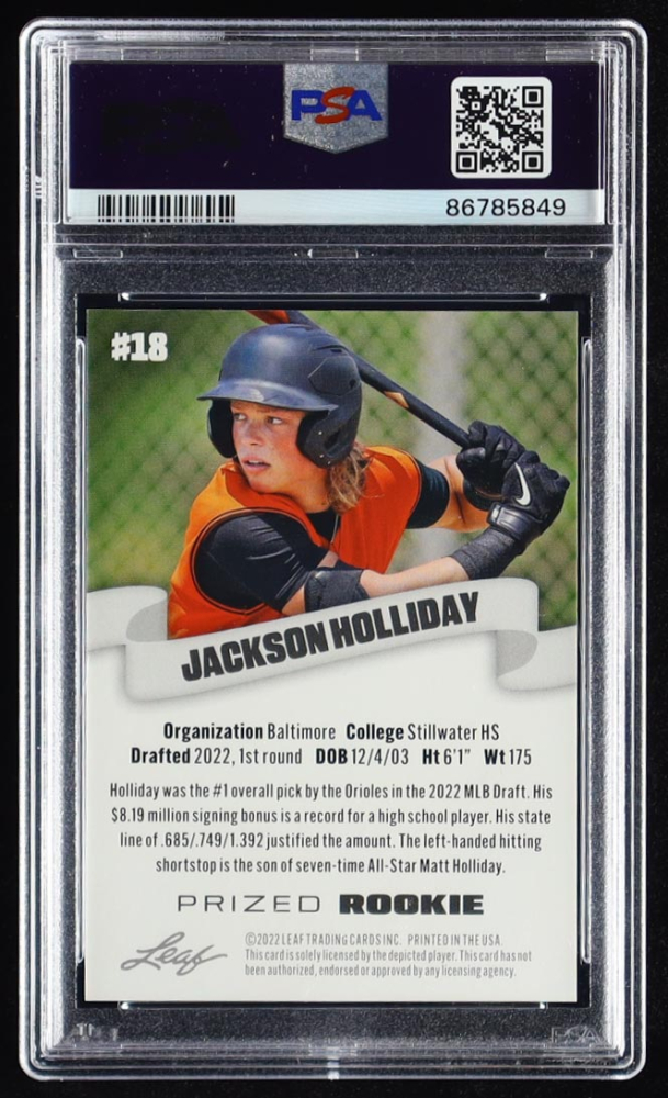 Jackson Holliday 2022 Leaf Special Release Prized Rookie #18 RC (PSA 10 ...