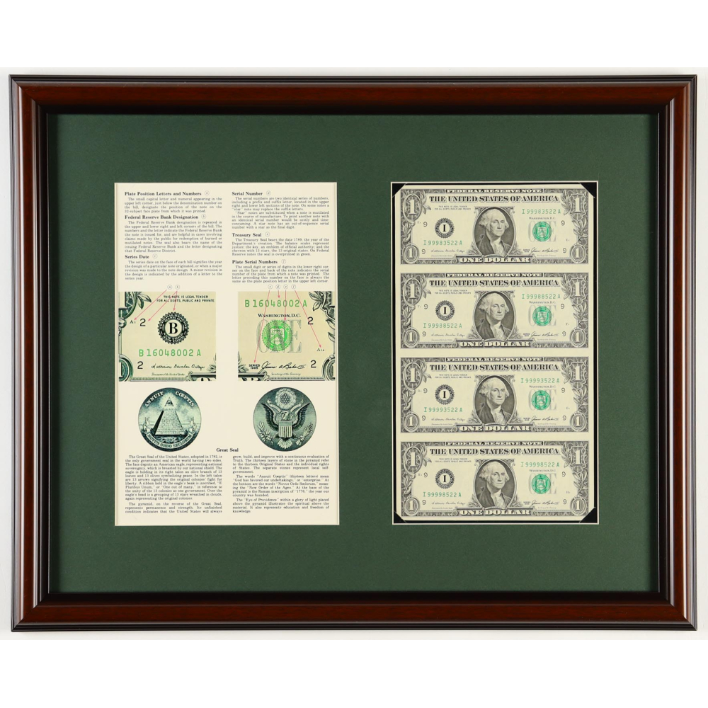 1985 U.S. $1 Dollar Bill Custom Framed Uncut Sheet Of (4) Bills With ...