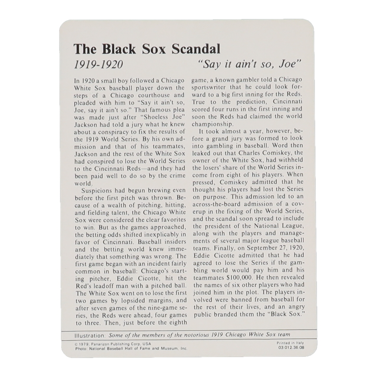 The Black Sox Scandal 1979 Panarizon Flash Card | Pristine Auction