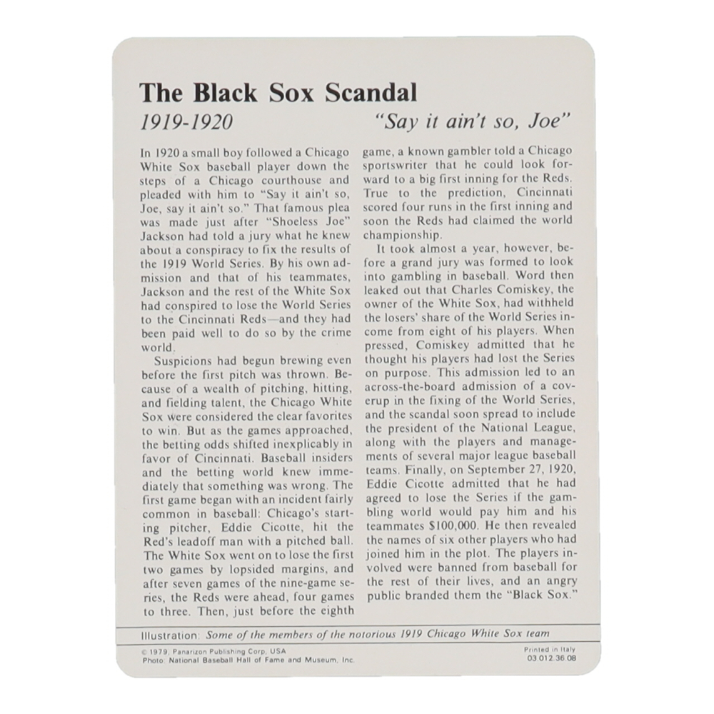 The Black Sox Scandal 1979 Panarizon Flash Card | Pristine Auction