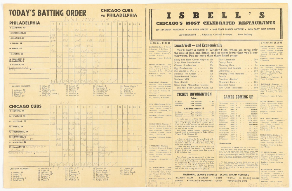 1948 Cubs Wrigley Field Official Program Scorecard: Cubs vs Phillies ...