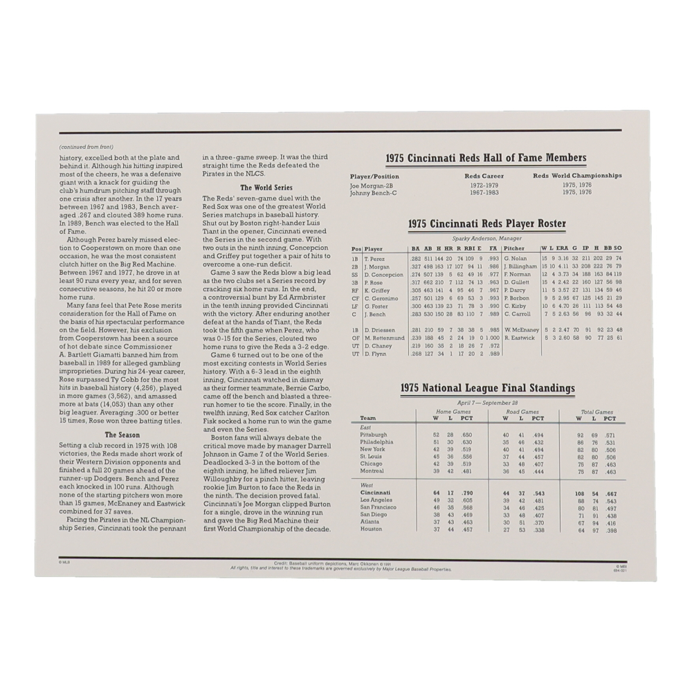 1975 Reds Cooperstown Collections Statistics Commemorative 9x12 Stat ...