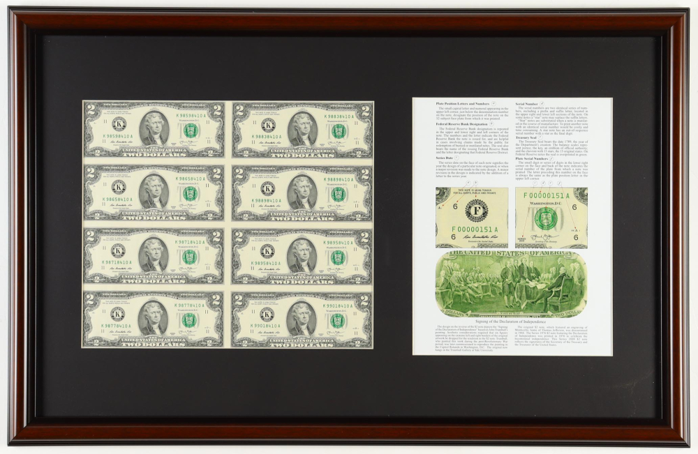 2013 U.S. $2 Dollar Bill Custom Framed Uncut Sheet Of (4) Bills With ...