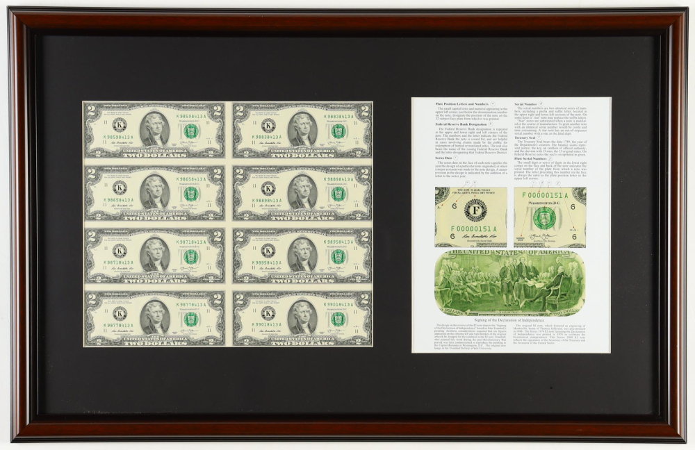 2013 U.S. $2 Dollar Bill Custom Framed Uncut Sheet Of (4) Bills With ...